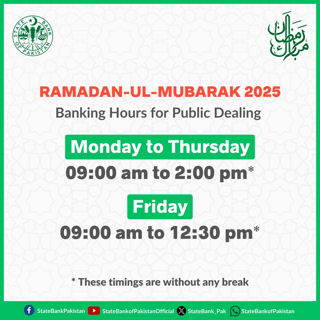 Bank Holiday Ramadan: Revised Bank Timing in Ramadan 2025 by SBP